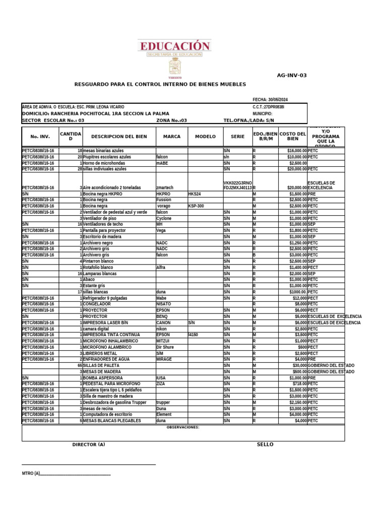 Formato Resguardo para El Control Interno de Bienes Muebles Ag-Inv-03 Leonavicario | PDF