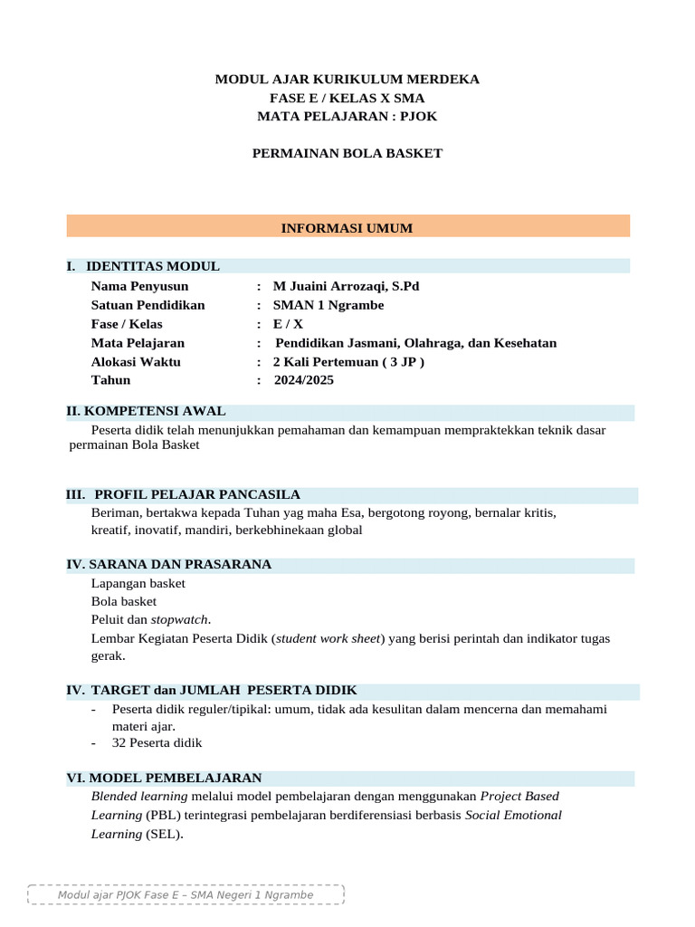 Modul Unit 1 Basket Kelas X | PDF