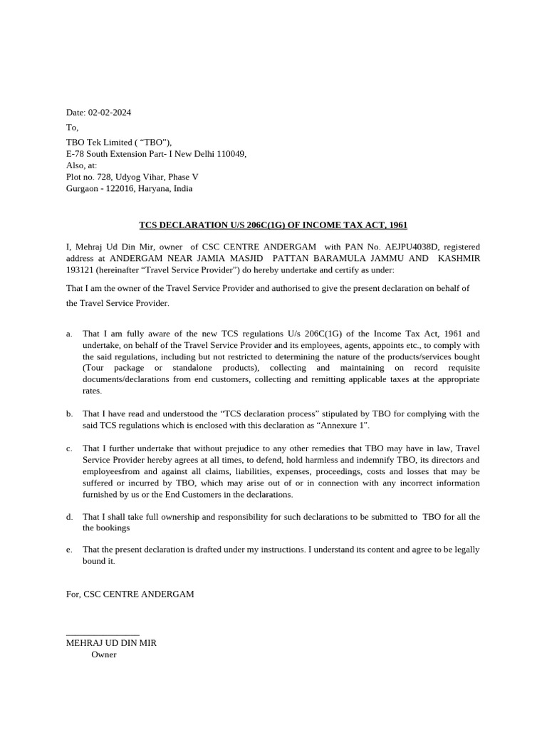 Onetime Agent Declaration TCS | PDF