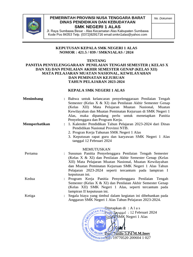 SK Panitia PTS & PAS Genap | PDF