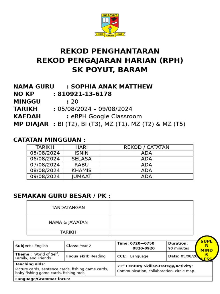 Rekod Penghantaran Rekod Pengajaran Harian (RPH) SK Poyut, Baram | PDF