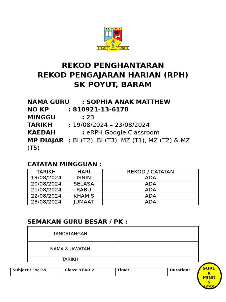 Rekod Penghantaran Rekod Pengajaran Harian (RPH) SK Poyut, Baram | PDF