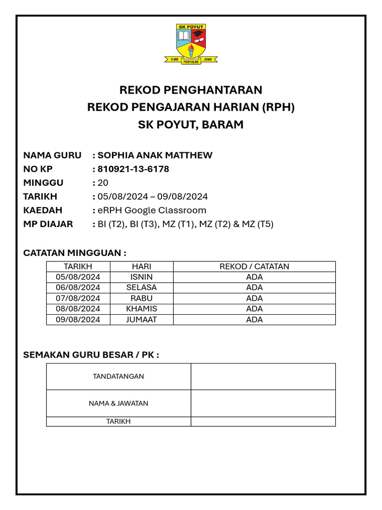 Rekod Penghantaran Rekod Pengajaran Harian (RPH) SK Poyut, Baram | PDF