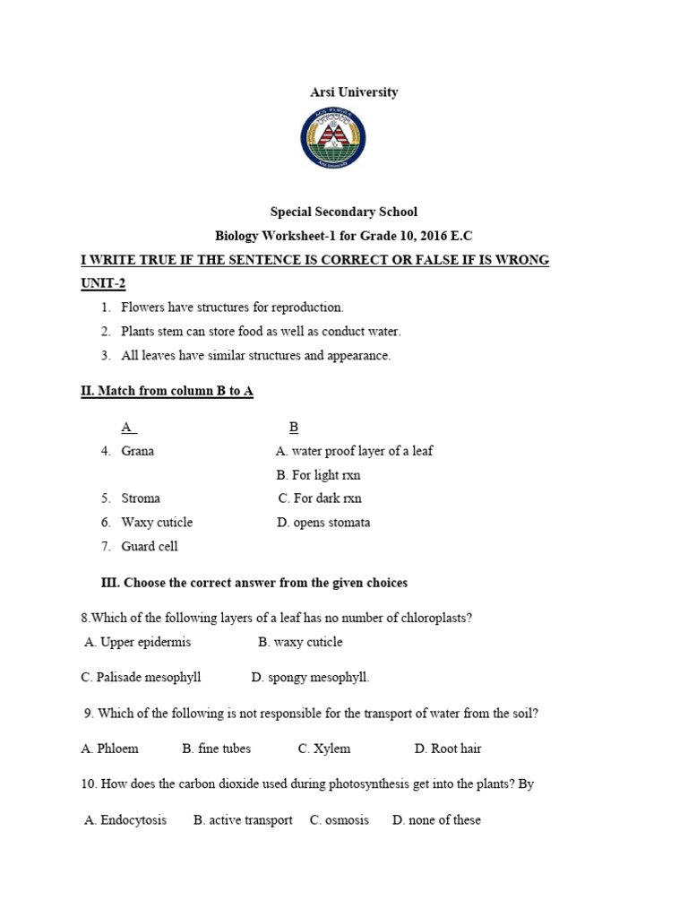 BIOLOGY WORK SHEET-1 FOR GRADE 10 STUDENTS,2024 | PDF