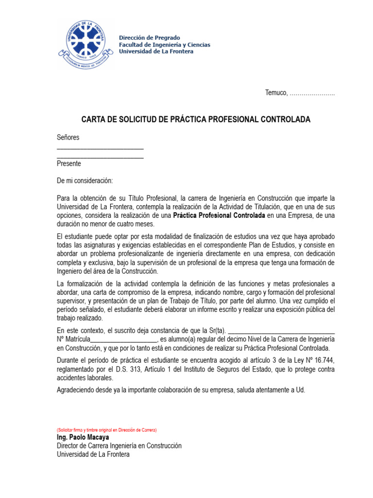 Anexo A - Carta de Solicitud Práctica Profesional Controlada | PDF