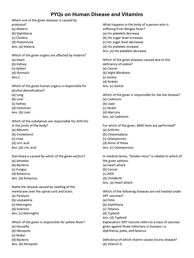 PYQs On Human Disease and Vitamins | PDF