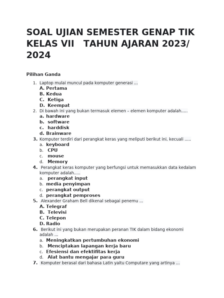 Soal Ujian Semester Genap Tik Kelas Vii | PDF