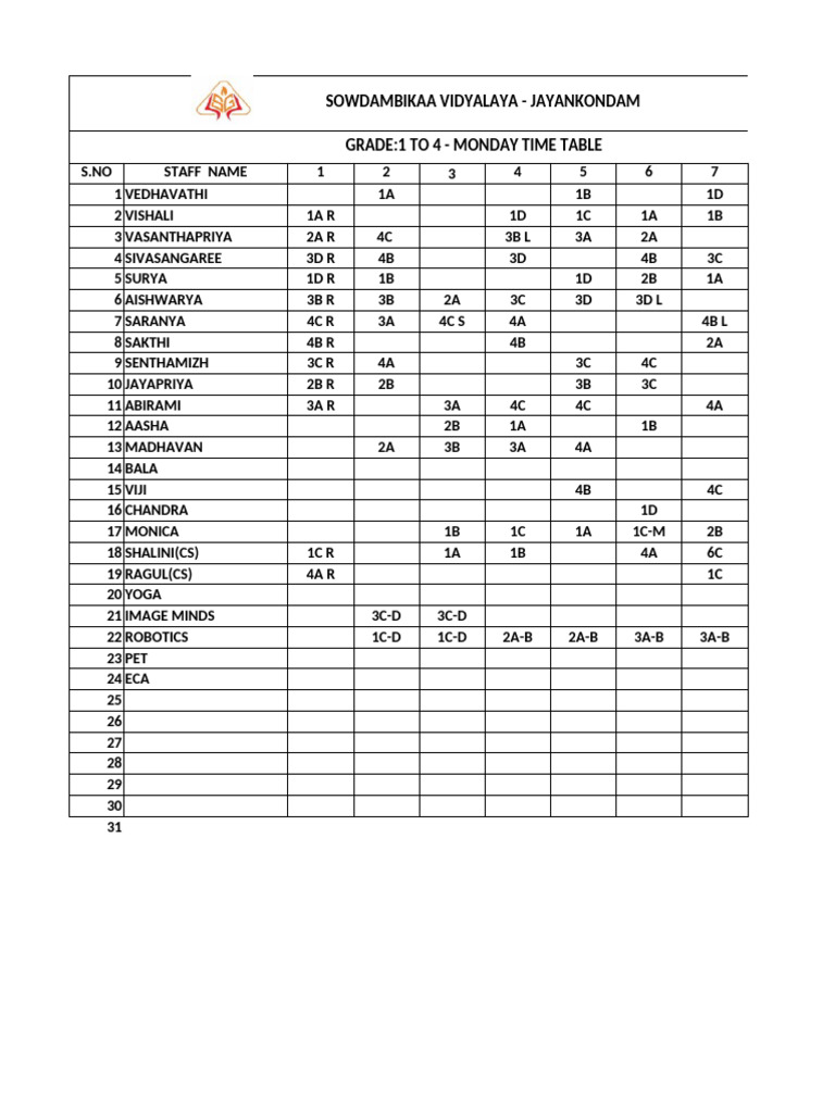 Teachers Time Table - 1 t0 4 From Aug | PDF