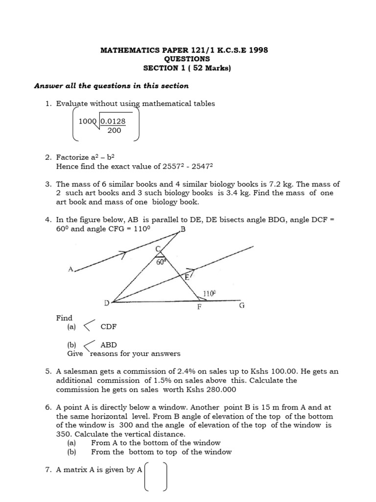 Kcse 1998 Mathematics Questions | PDF