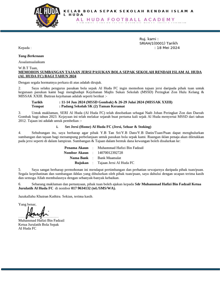 Surat Memohon Tajaan Jersi Al Huda FC | PDF