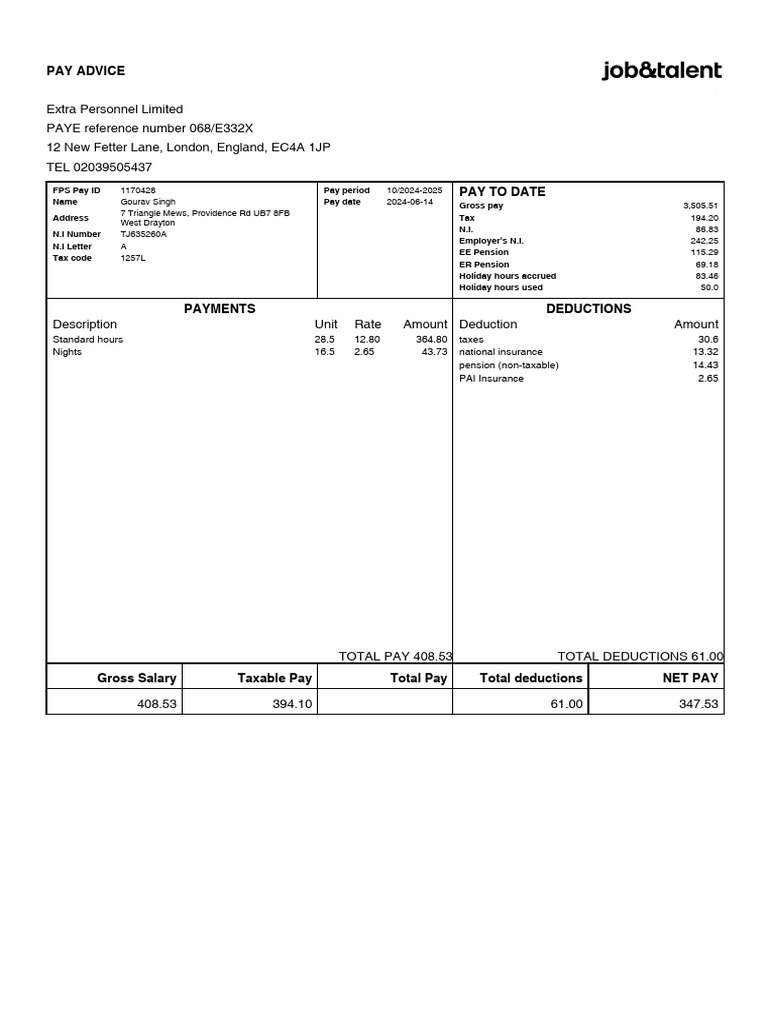 UK Job & Talent Payslip | PDF