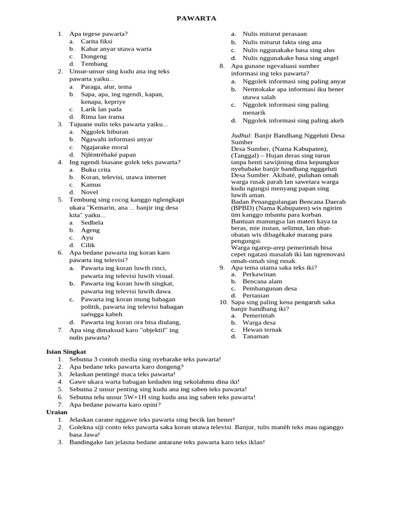 Bahasa Jawa Kelas 5 Teks Pawarta | PDF