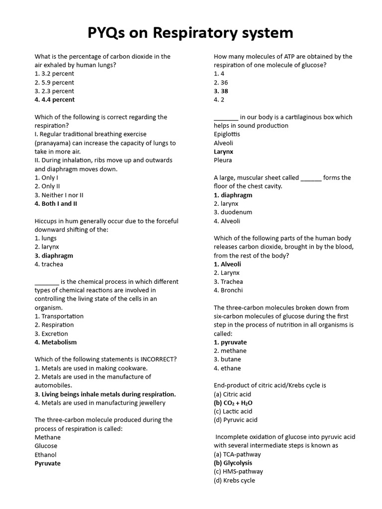 PYQs On Respiratory System | PDF