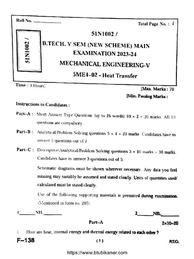 Btech Me 5 Sem Heat Transfer 51n1002 2024 | PDF