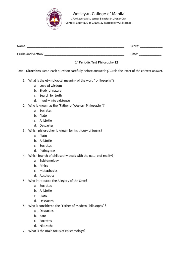 Grade 12 Philosophy Periodical Exam (Final) | PDF | Metaphysics ...