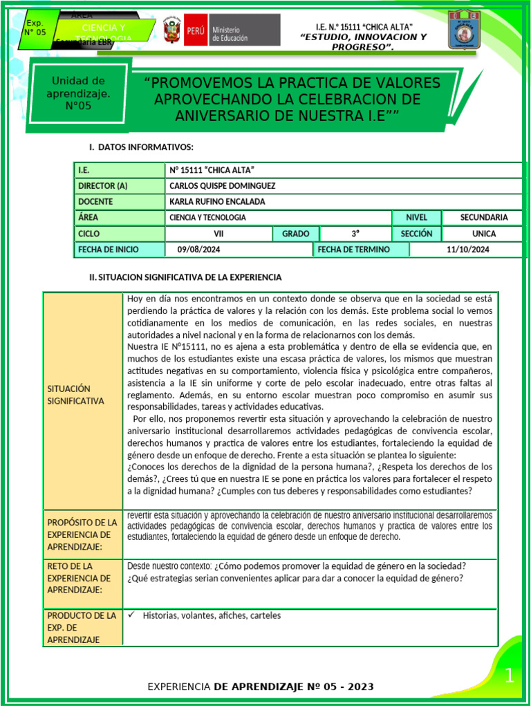 Tercero de Sec. Experiencia de Aprendizaje 06 | PDF | Evaluación | Aprendizaje