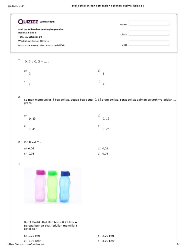 Soal Perkalian Dan Pembagian Pecahan Desimal Kelas 5 - Quizizz | PDF