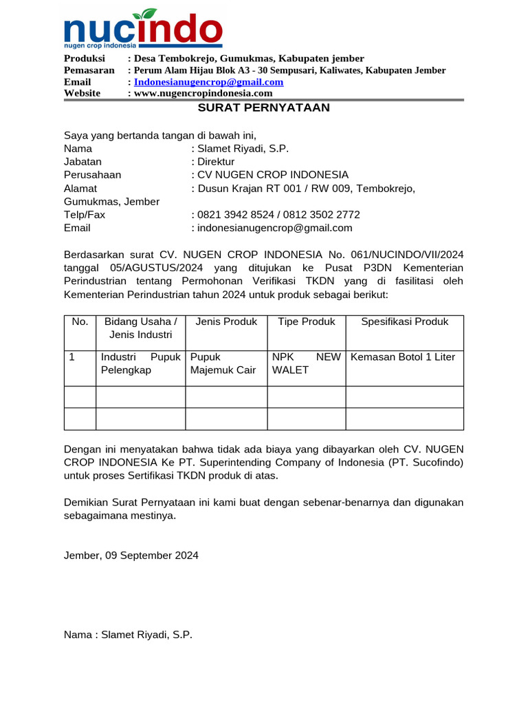 Surat Pernyataan Biaya Fasilitasi Sertifikasi TKDN | PDF