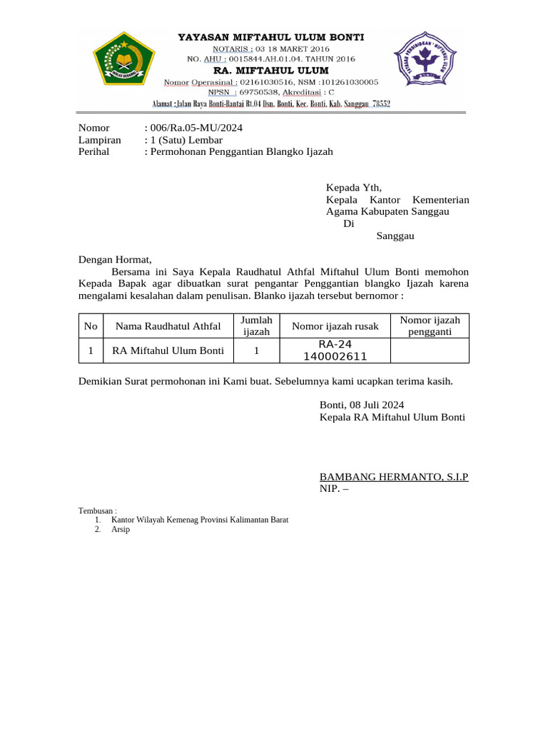 Surat Permohonan Penggantian Ijasah | PDF