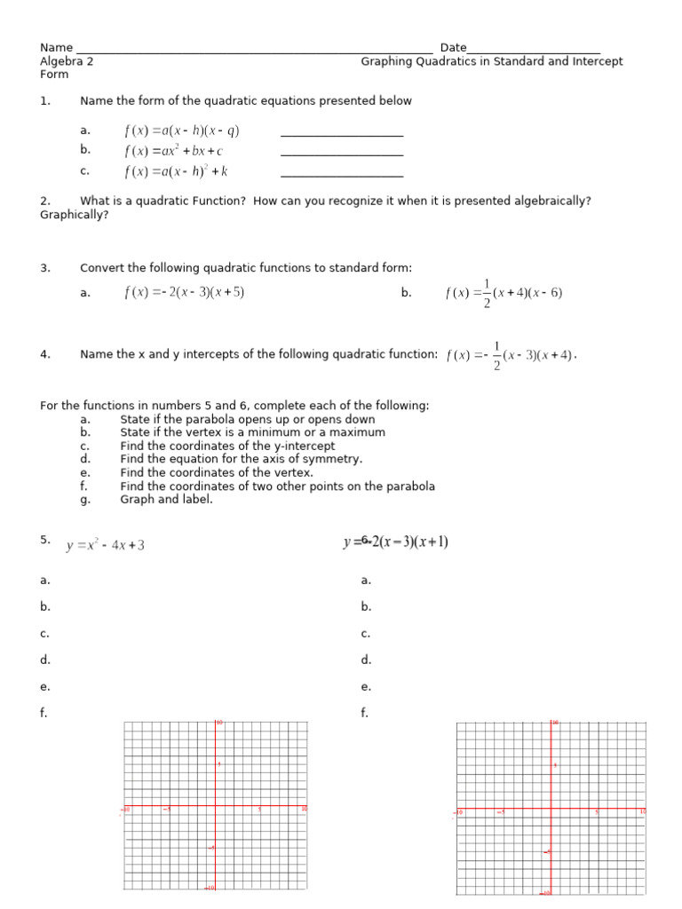 Activity On Quadratic Functions With Graphing | PDF