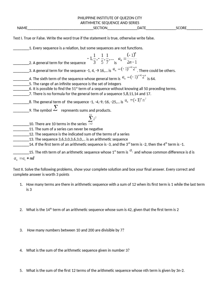 quiz on arithmetic sequence and series | PDF