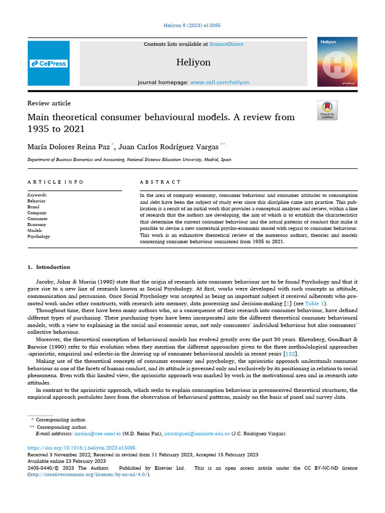 Main Theoretical Consumer Behavioural Models. A Review From 1935 To ...
