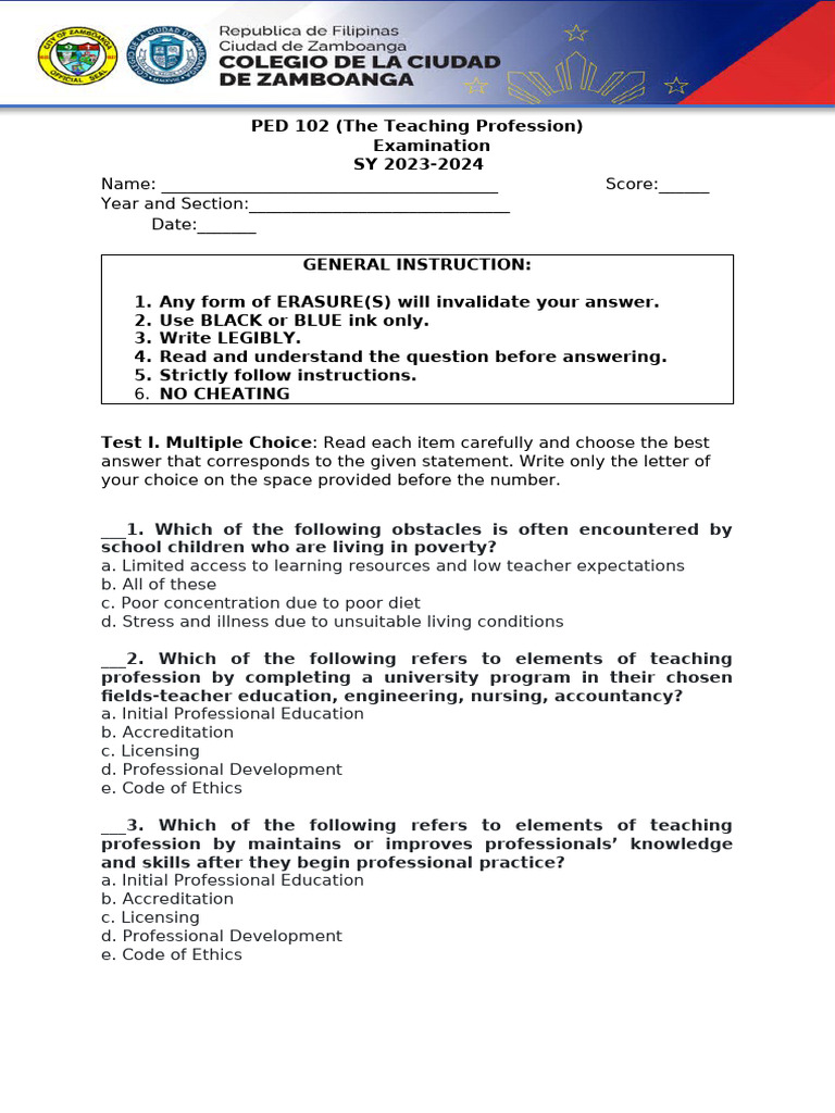PED 102 Teaching Prof Long Exam | PDF | Profession | Teachers