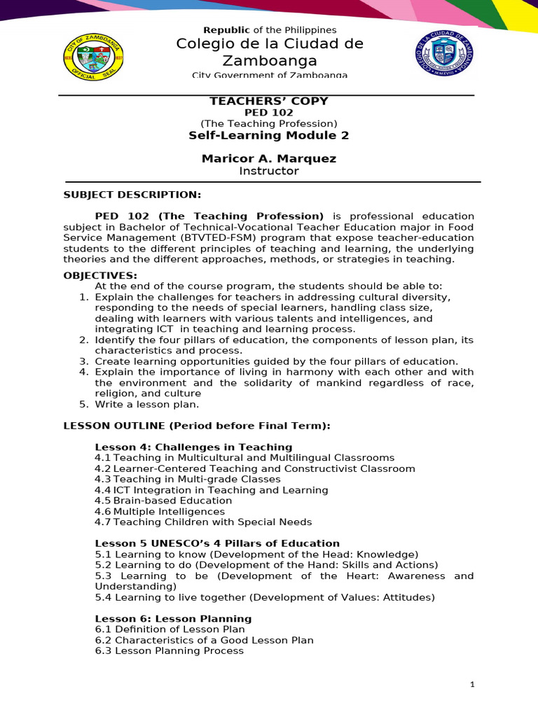 Marquez Maricor PED 102 Teaching Profession Module 2 Lesson 4 To 6 ... Marquez Maricor PED 102 Teaching Profession Module 2 Lesson 4 To 6 ...