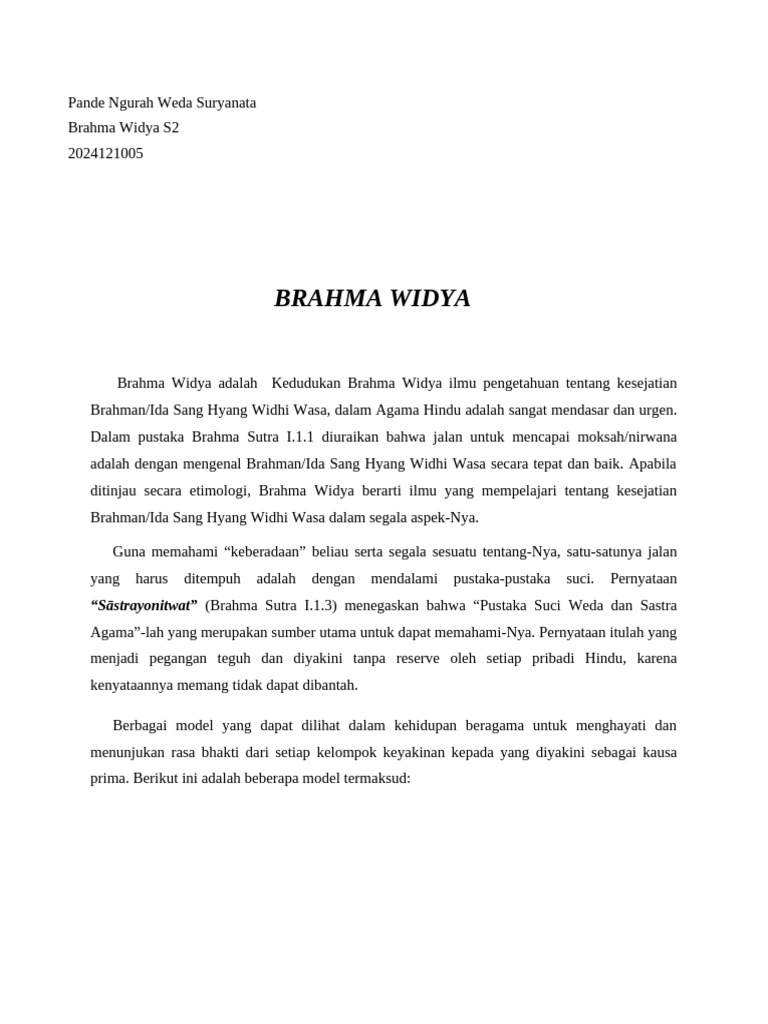 Pande Ngurah Weda Suryanata, Brahma Widya, 2024121005 | PDF