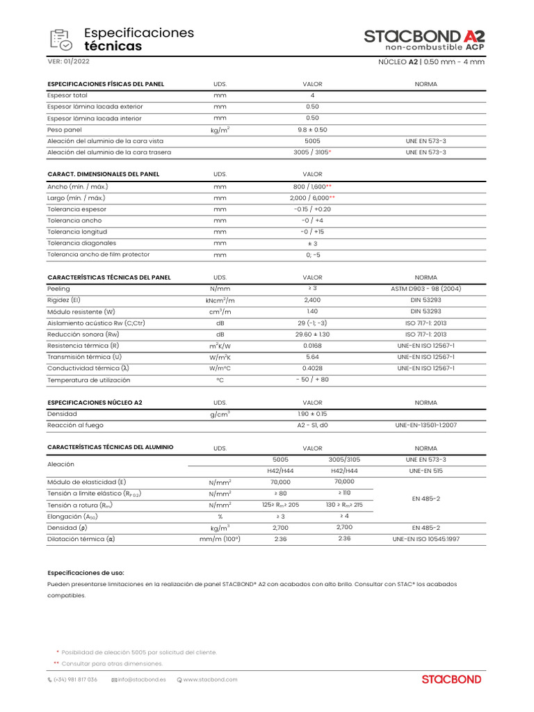 Especificaciones Tecnicas STACBOND A2 05mm 4mm 001 ES | PDF