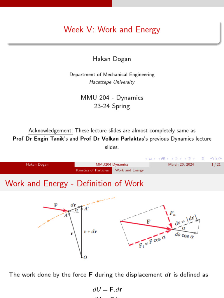 Week V: Work and Energy: Hakan Dogan | PDF