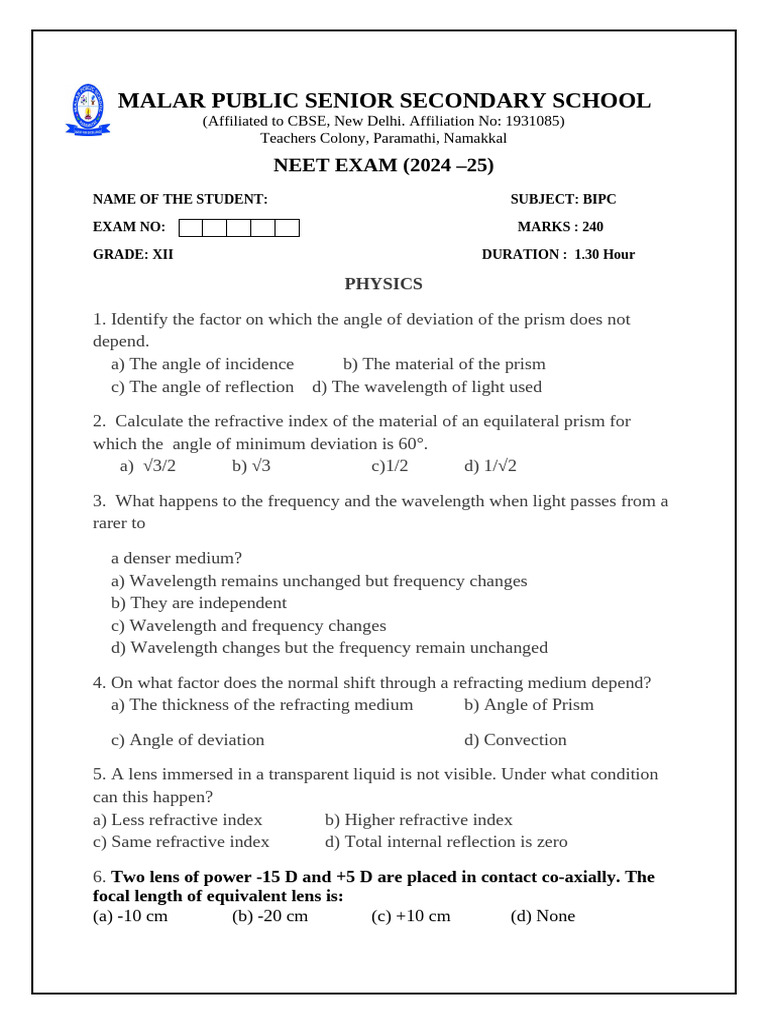 Class 12 Neet QP . | PDF