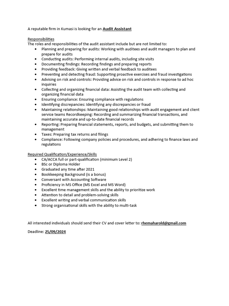 Audit Assistant Job Opening in Kumasi | PDF