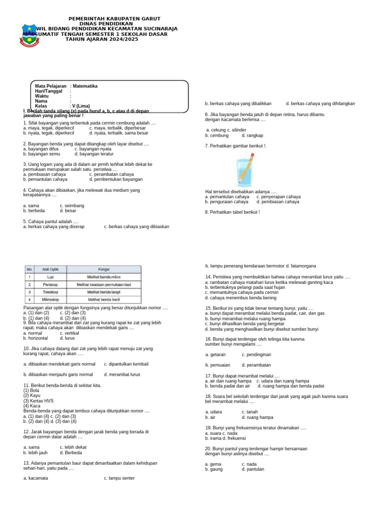 Soal PTS - STS IPAS Kelas 5 Semester 1 Kurikulum Merdeka T.A 2024-2025 | PDF