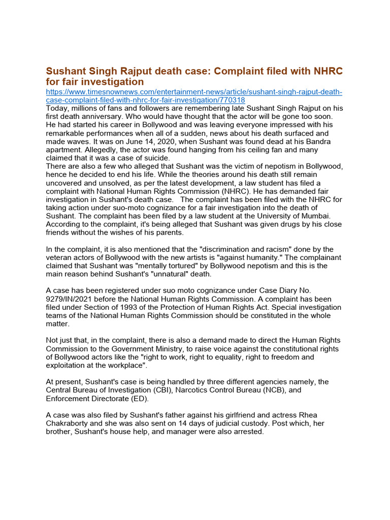 TIMES NOW Sushant Singh Rajput Death Case Complaint Filed With NHRC | PDF