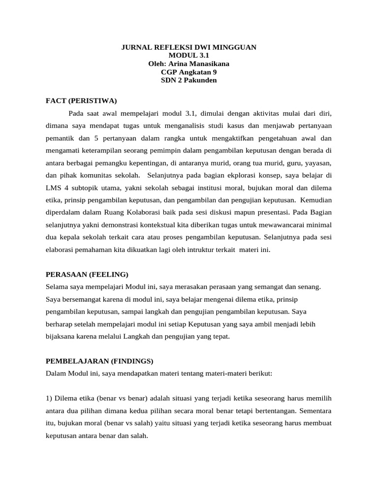 Jurnal Refleksi Dwi Mingguan Modul 3.1 - Arina Manasikana | PDF