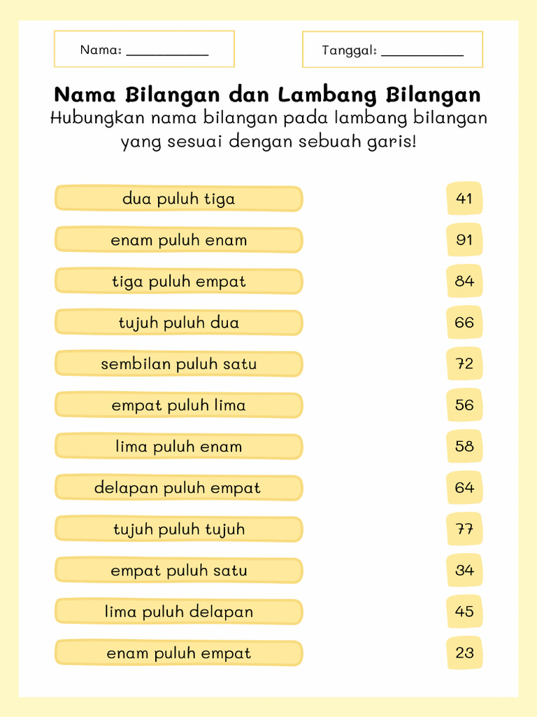 Nama Bilangan Dan Lambang Bilangan Lembar Kerja Kuning Putih | PDF