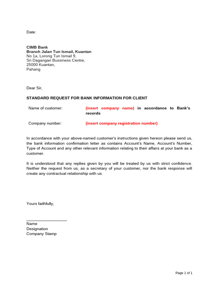 Bank Confirmation Request Template | PDF