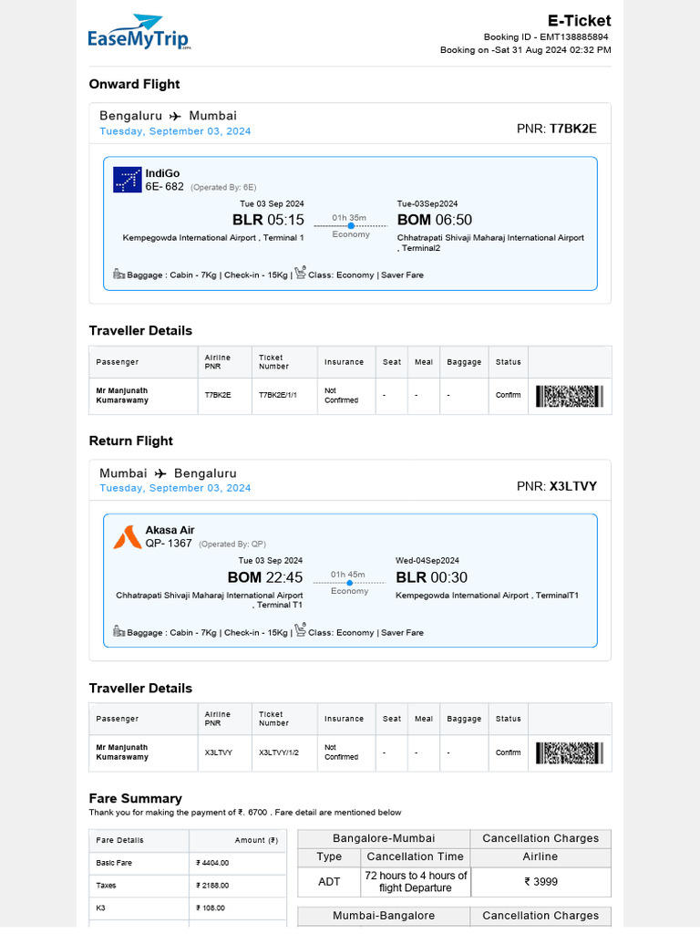 EaseMyTrip Flight E-Ticket For Flights | PDF