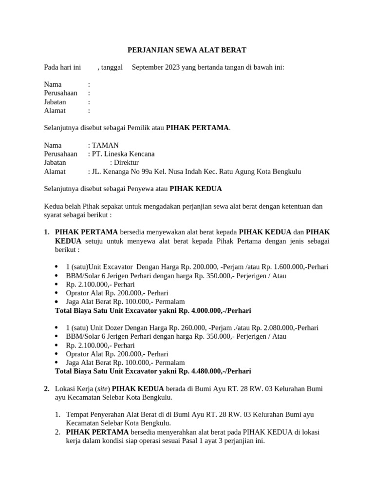 Contoh Perjanjian Sewa Alat Berat | PDF