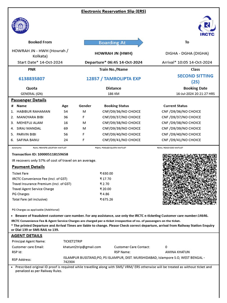 HWH To Digha 14-10-24 | PDF