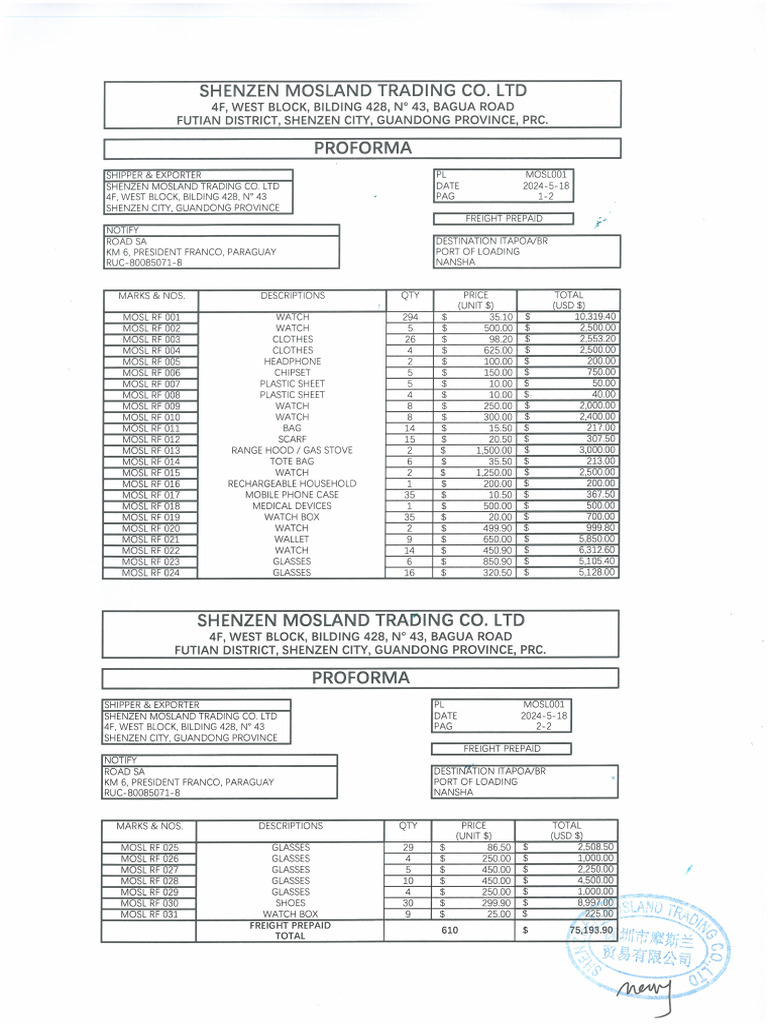 Road - Invoice, PL e Proforma | PDF