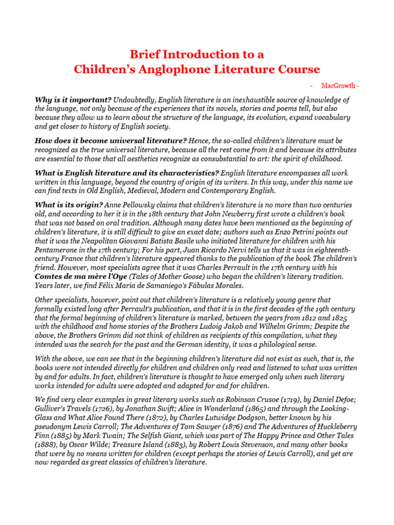 Brief Anglophone Literature For Children-1 | PDF