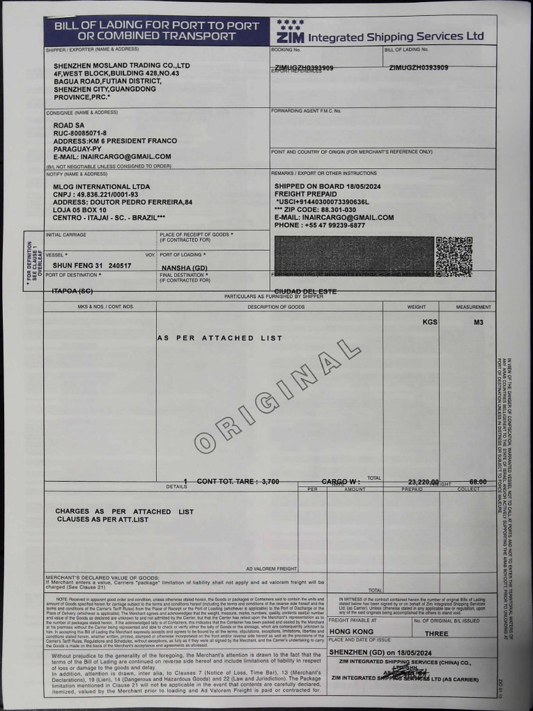 Zimugzh0393909 Mbl 扫描件 | PDF