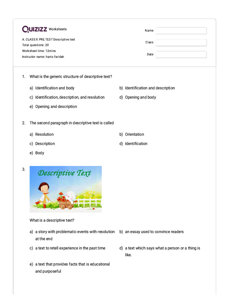A. CLASS X PRE TEST Descriptive Text - Quizizz | PDF
