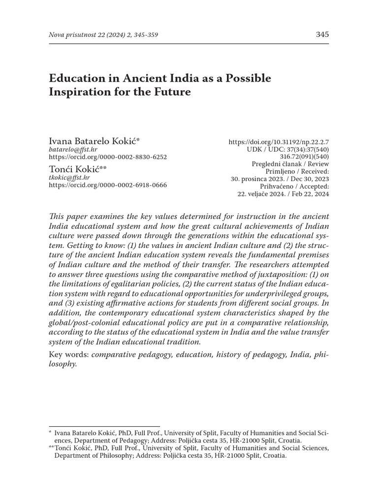 Education in Ancient India As A Possible Inspiration For The Future | PDF