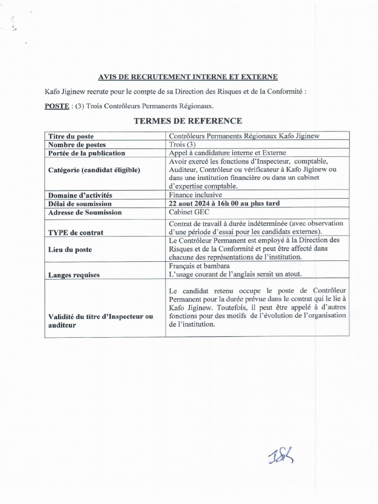 Termes de References Pour Le Recrutement de Controleurs Permanents ...