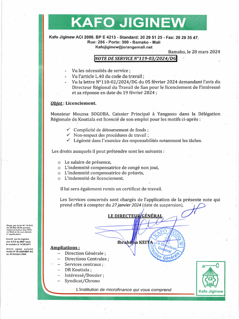 N°119 Licenciement Moussa Sogoba | PDF