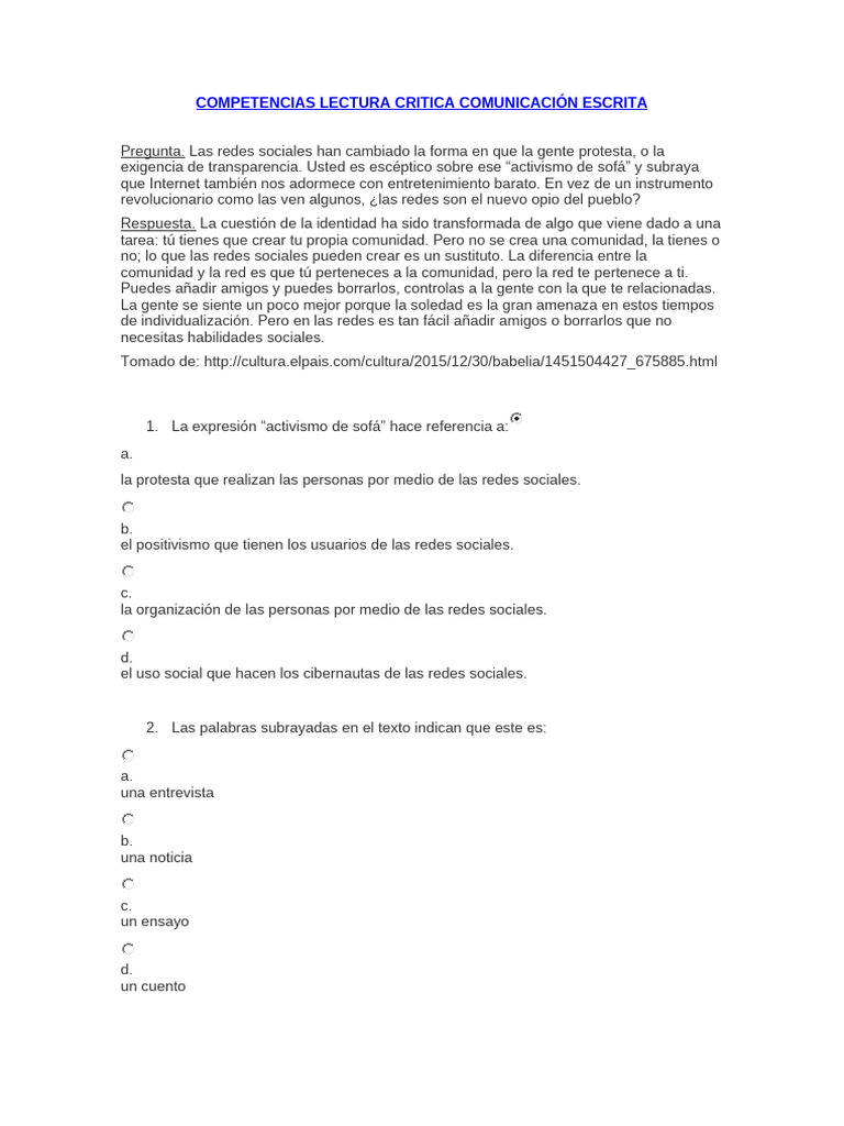Competencias Lectura Critica Comunicación Escrita | PDF