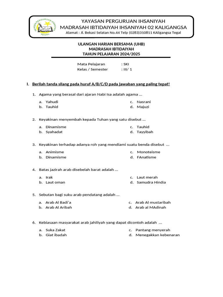 Soal Ski Pts Semester 1 Kelas 3 Tahun 2425 | PDF